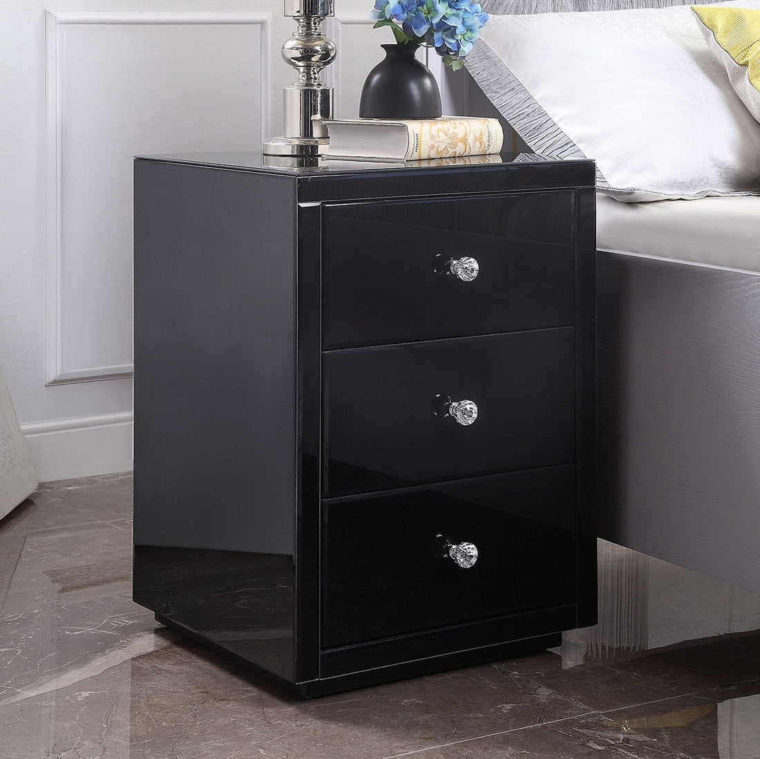 VENICE Black Glass Mirrored 3 Drawer Bedside Table – Bradshaw Australia